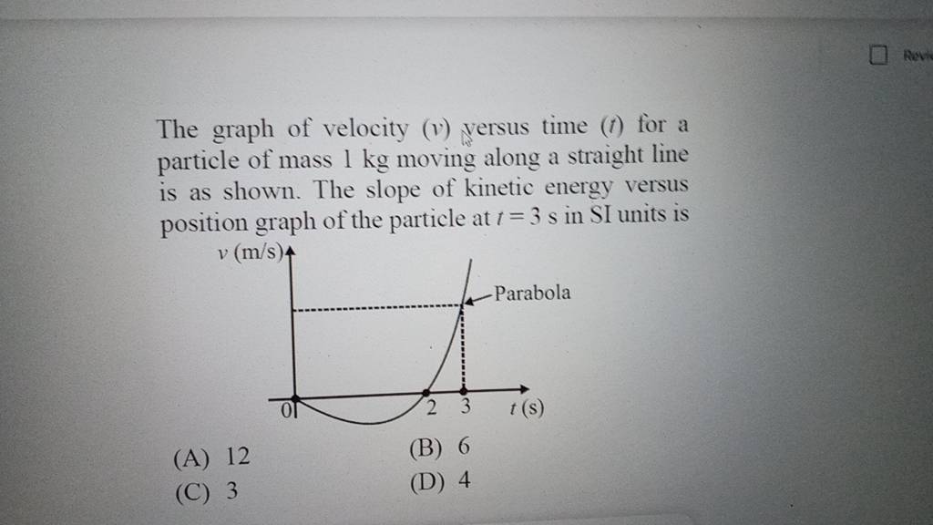 The graph of velocity (v) versus time (t) for a particle of mass 1 kg mov..