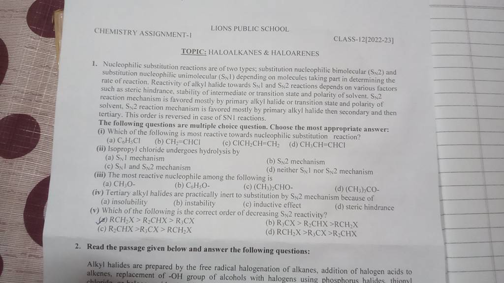 Isopropyl chloride undergoes hydrolysis by | Filo