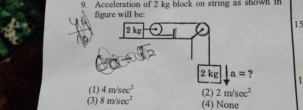 9. Acceleration of 2 kg block on string as shown in figure will be: (1) 4..