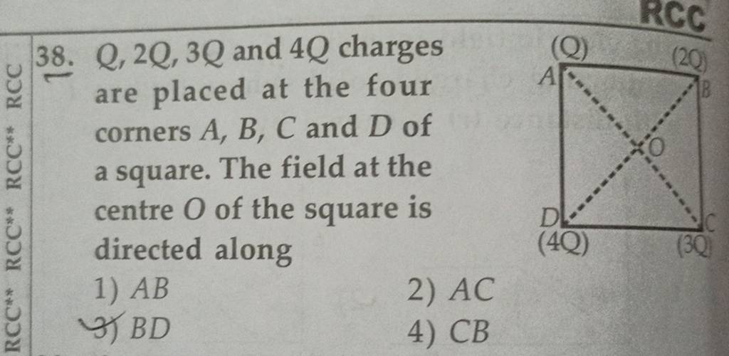Q,2Q,3Q and 4Q charges are placed at the four corners A,B,C and D of a sq..