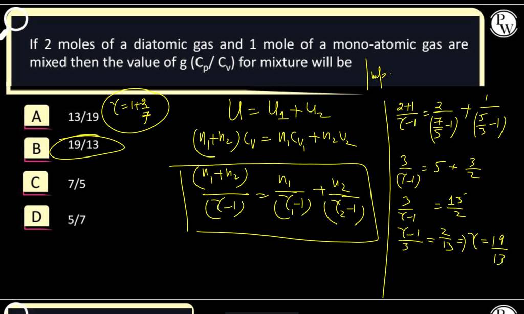 If 2 moles of a diatomic gas and 1 mole of a mono-atomic gas are mixed th..