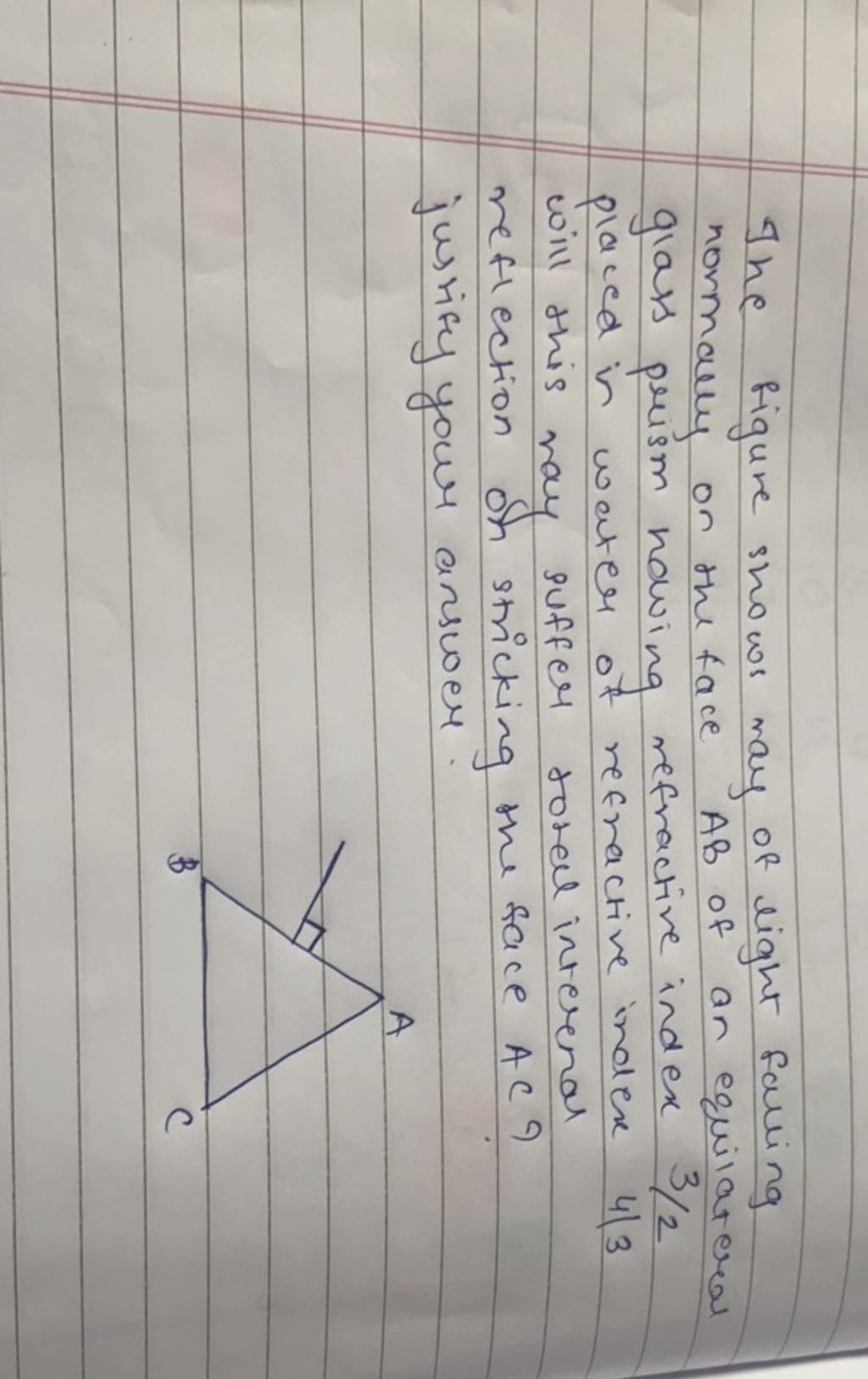 The figure shows ray of light falling normally on the face AB of an equil..
