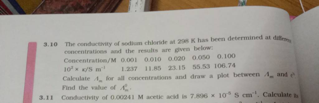 3.10 The conductivity of sodium chloride at 298 K has been determined at