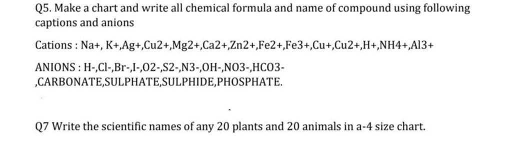 Q5. Make a chart and write all chemical formula and name of compound usin..