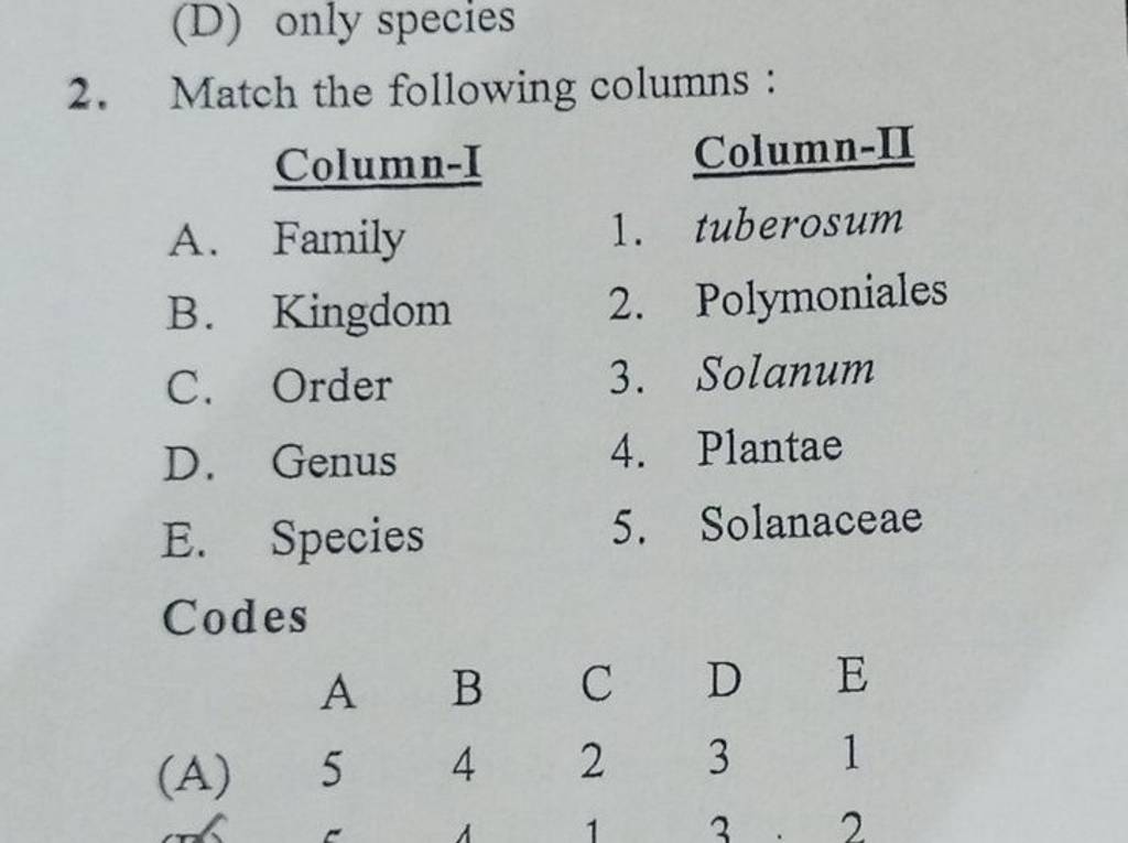 only species 2. Match the following columns: Column-I Column-II | Filo