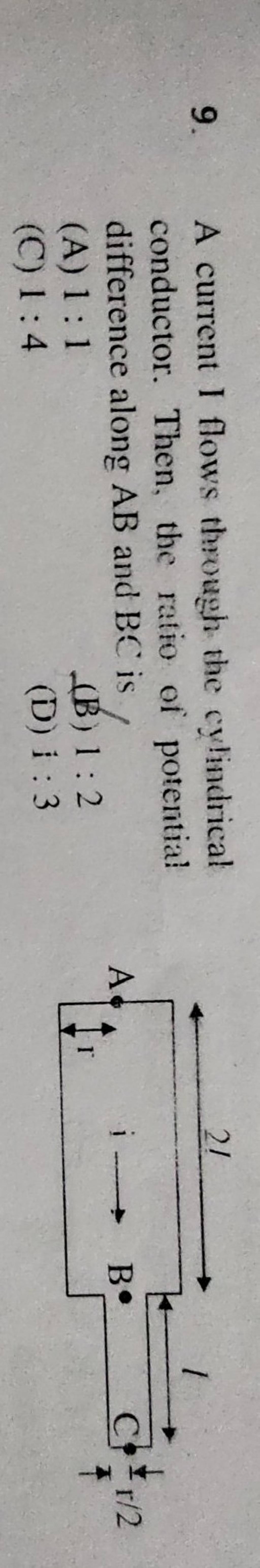A current I flows through the cylindrical conductor. Then, the ratio of p..