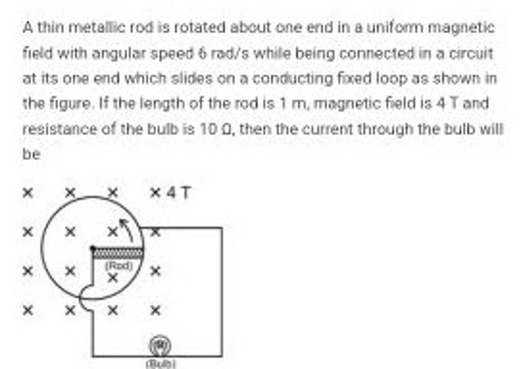 A thin metallic rod is rotated about one end in a unifom magnetic field w..