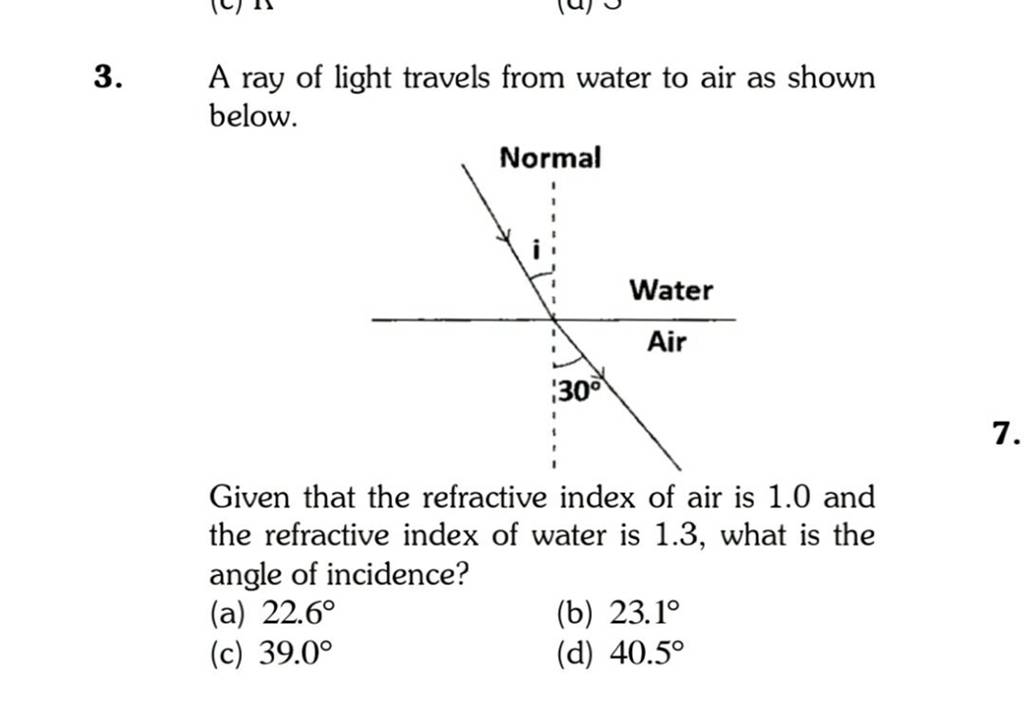 A ray of light travels from water to air as shown below. Given that the r..