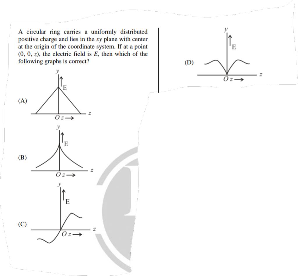 A circular ring carries a uniformly distributed positive charge and lies