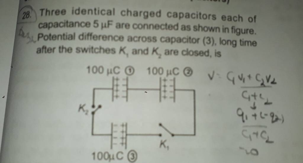 28. Three identical charged capacitors each of capacitance 5μF are connec..