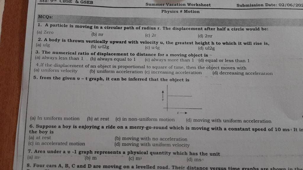 From The Given U−t Graph It Can Be Inferred That The Object Is Filo