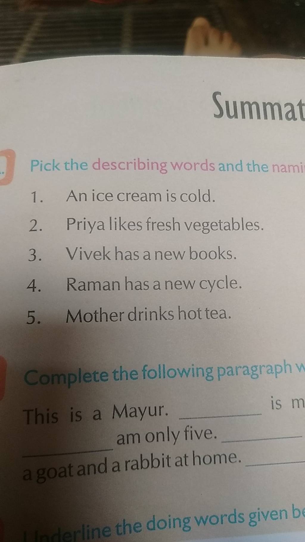 Summat Pick the describing words and the nami | Filo