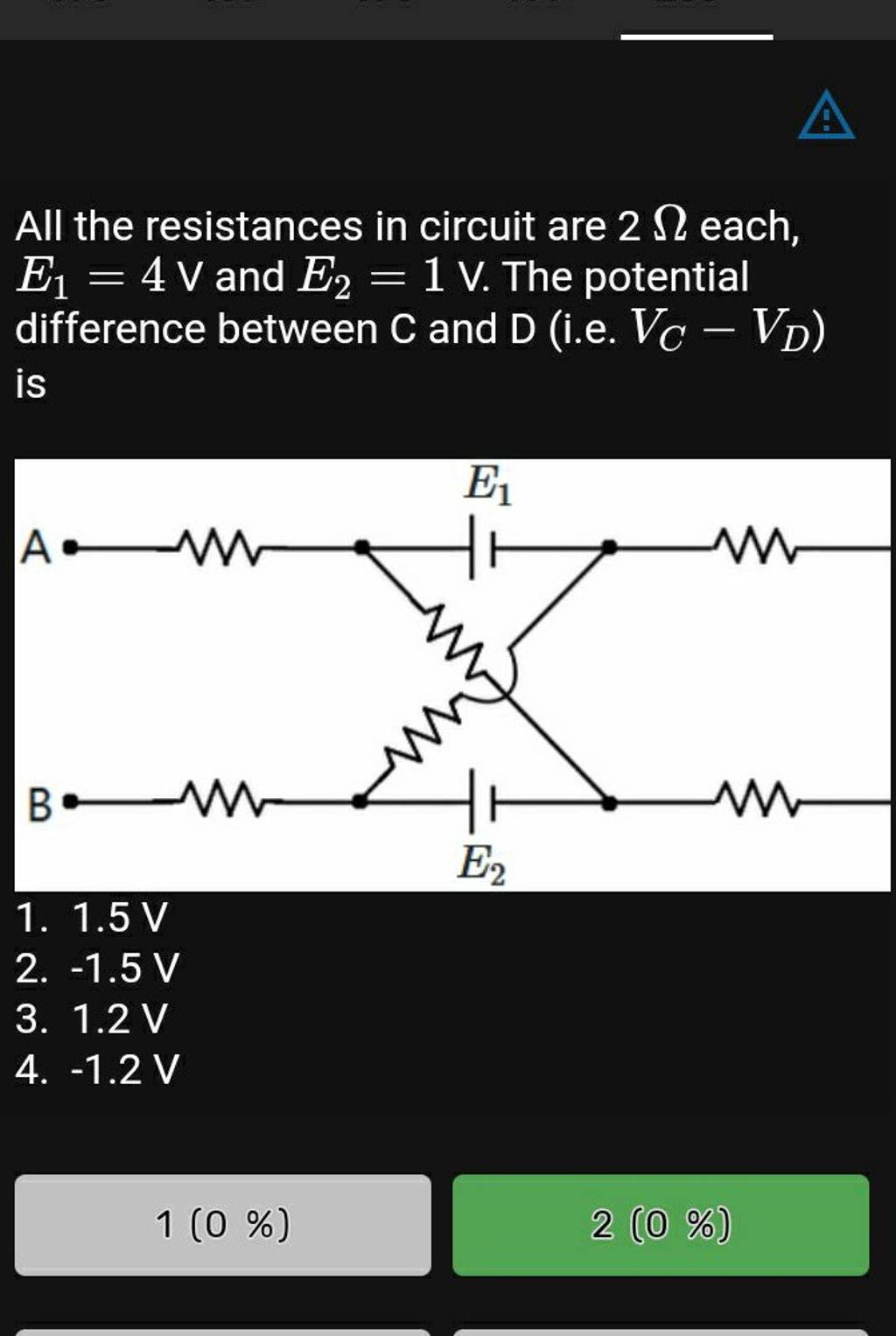 All the resistances in circuit are 2Ω each, E1 =4 V and E2 =1 V. The pote..