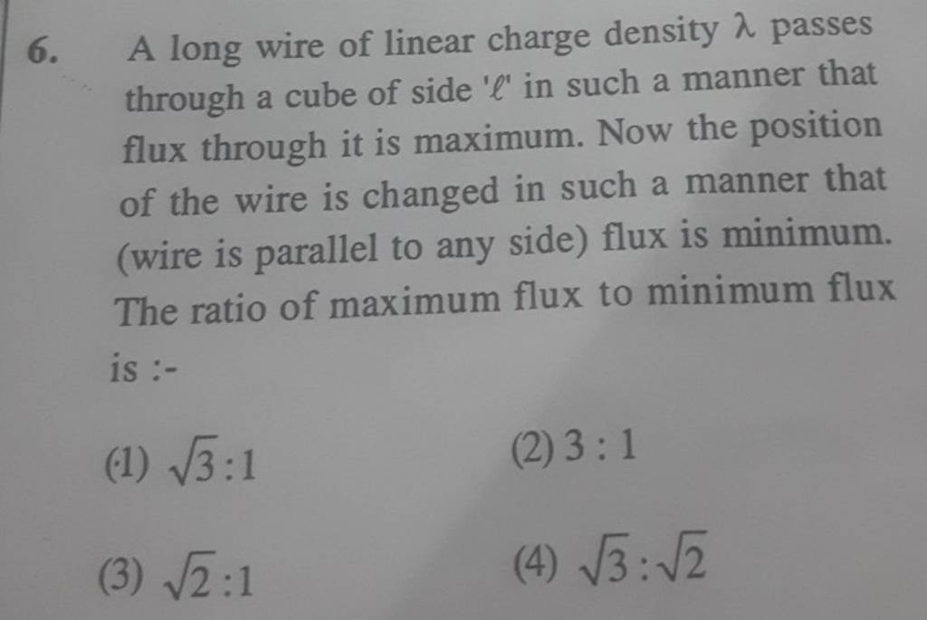 A long wire of linear charge density λ passes through a cube of side ' ℓ