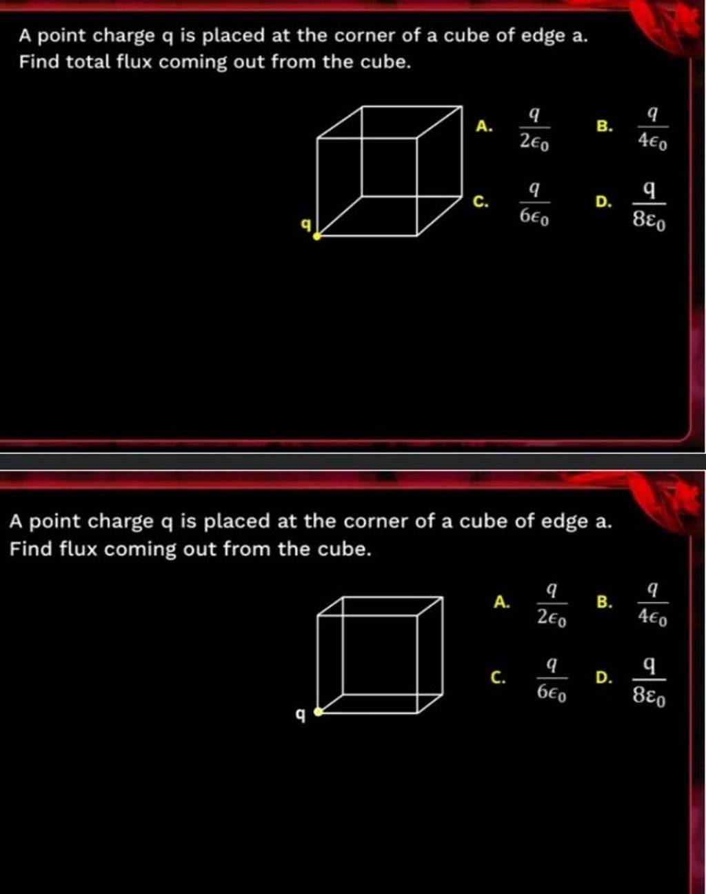 A point charge q is placed at the corner of a cube of edge a. Find total