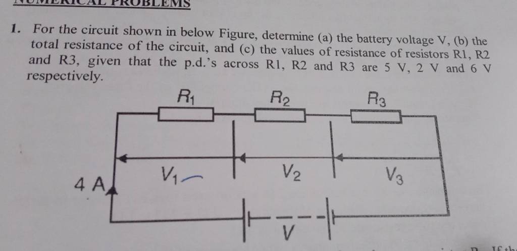 1. For the circuit shown in below Figure, determine (a) the battery volta..