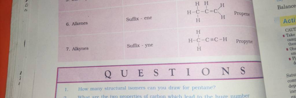 6. Alkenes Suffix - ene Propene 7. Alkynes Suffix - yne H−C−C≡C−H Propyne..