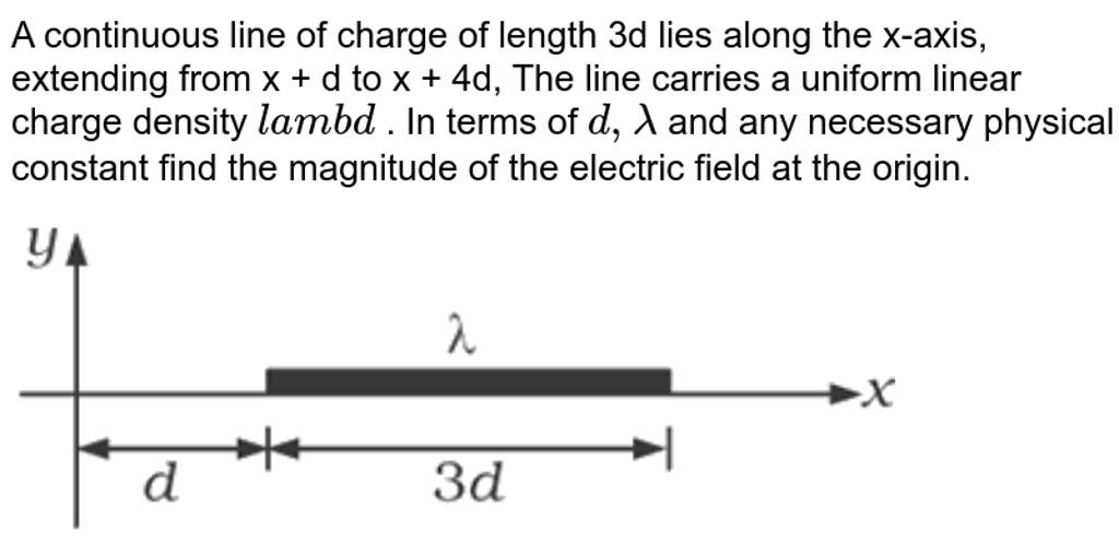A continuous line of charge of length 3 d lies along the x-axis, extendin..