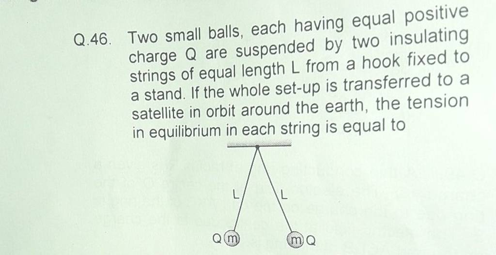 Q.46. Two small balls, each having equal positive charge Q are suspended