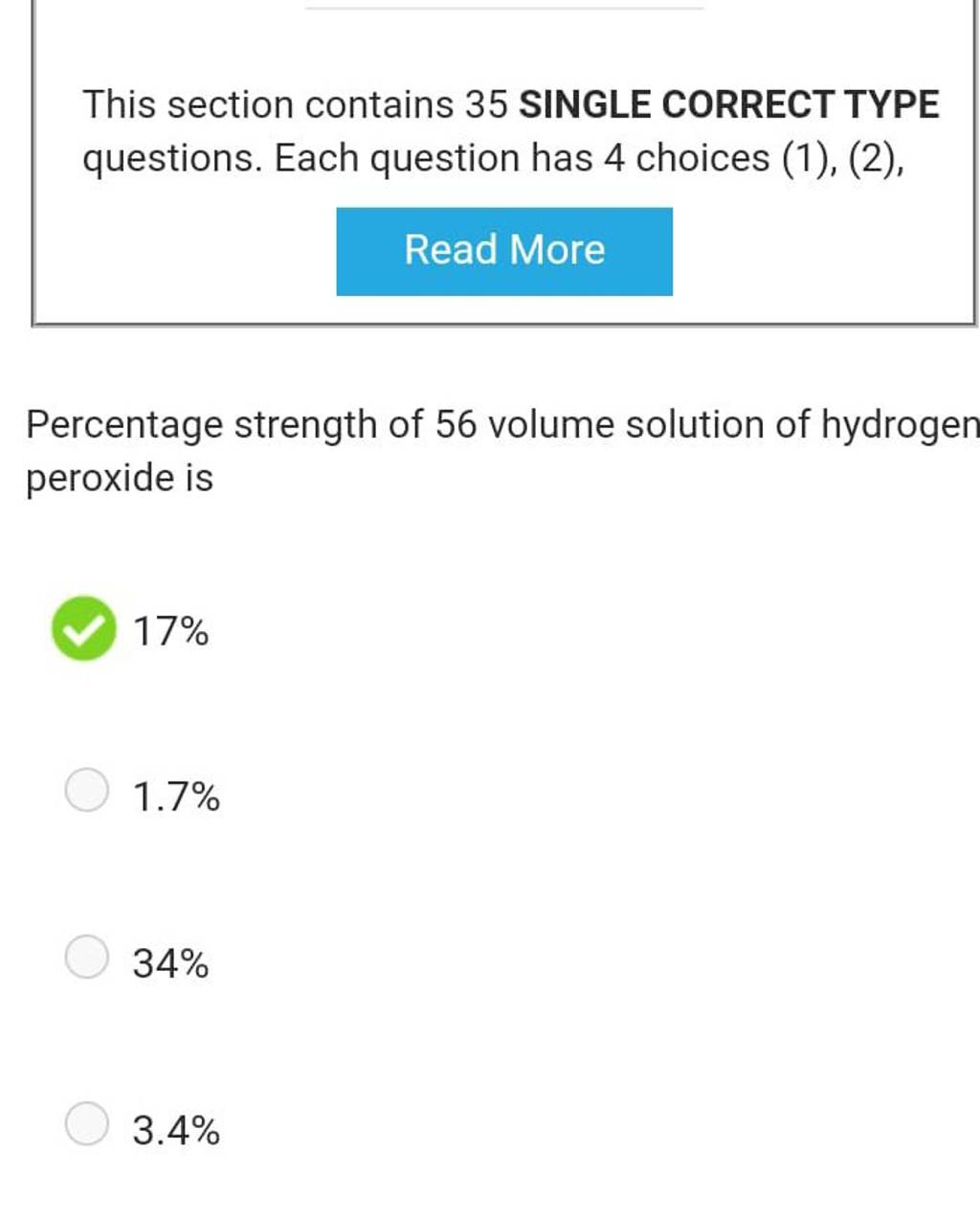 Percentage strength of 56 volume solution of hydrogen peroxide is | Filo