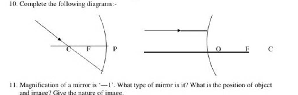 10. Complete the following diagrams:- 11. Magnification of a mirror is