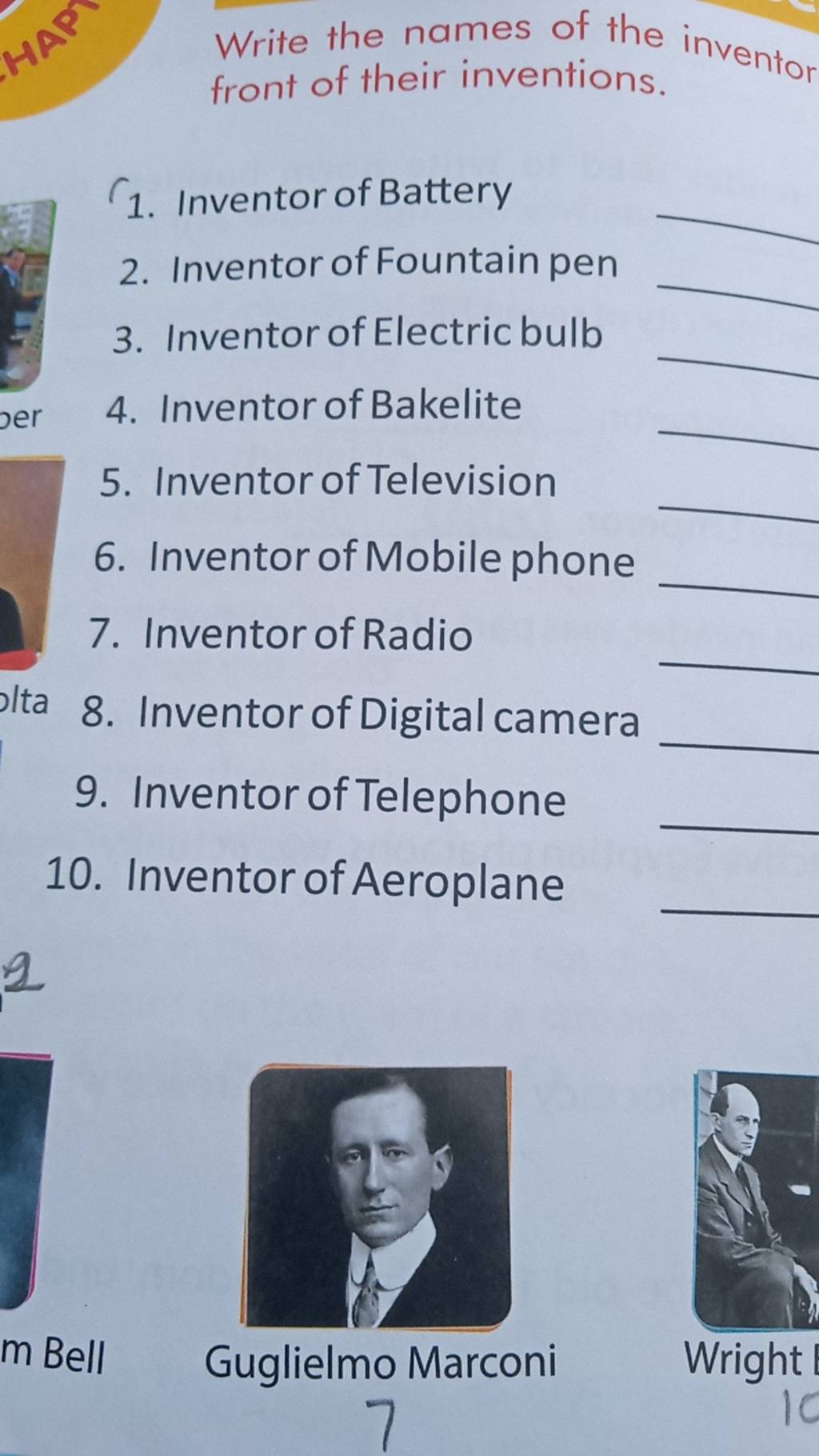 Write the names of the inventor front of their inventions. | Filo