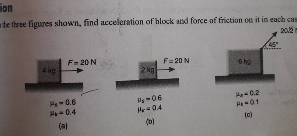 the three figures shown, find acceleration of block and force of friction..