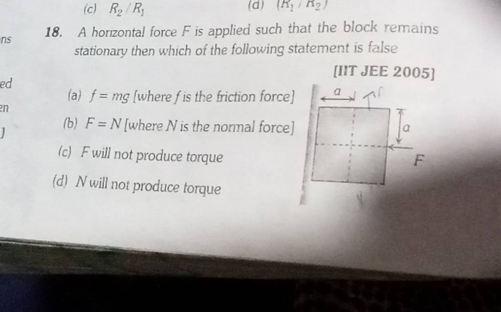 A horizontal force F is applied such that the block remains stationary th..