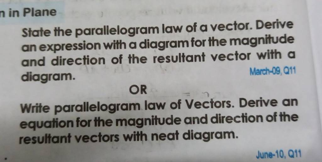 State the parallelogram law of a vector. Derive an expression with a diag..