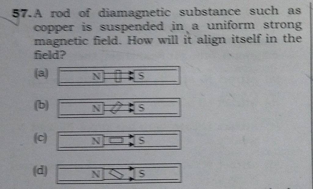 57.A rod of diamagnetic substance such as copper is suspended in a unifor..