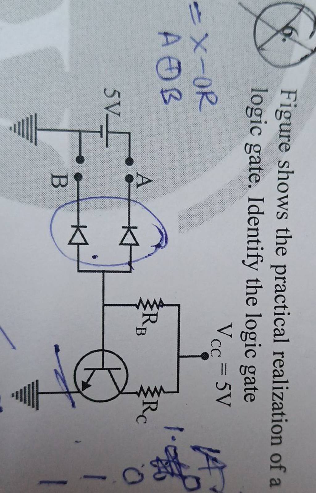 6. Figure shows the practical realization of a logic gate. Identify the l..