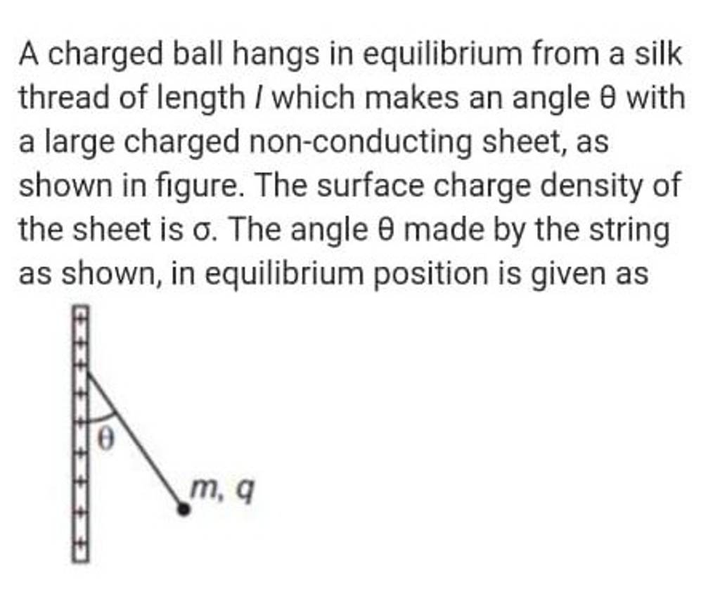 A charged ball hangs in equilibrium from a silk thread of length / which