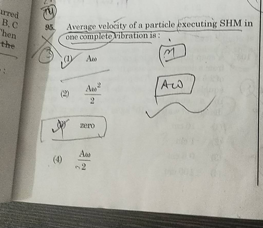 (y) 95. Average velocity of a particle executing SHM in one complete ribr..
