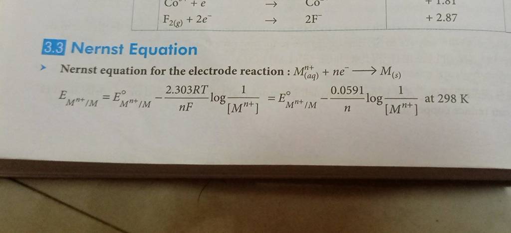 3.3 Nernst Equation > Nernst equation for the electrode reaction : M(aq)n..