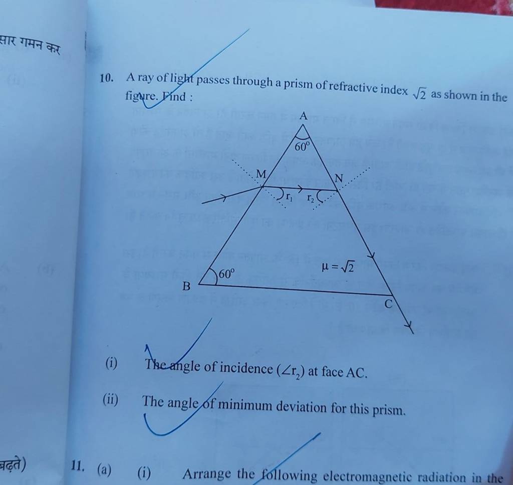 10. A ray of light passes through a prism of refractive index 2 as shown..