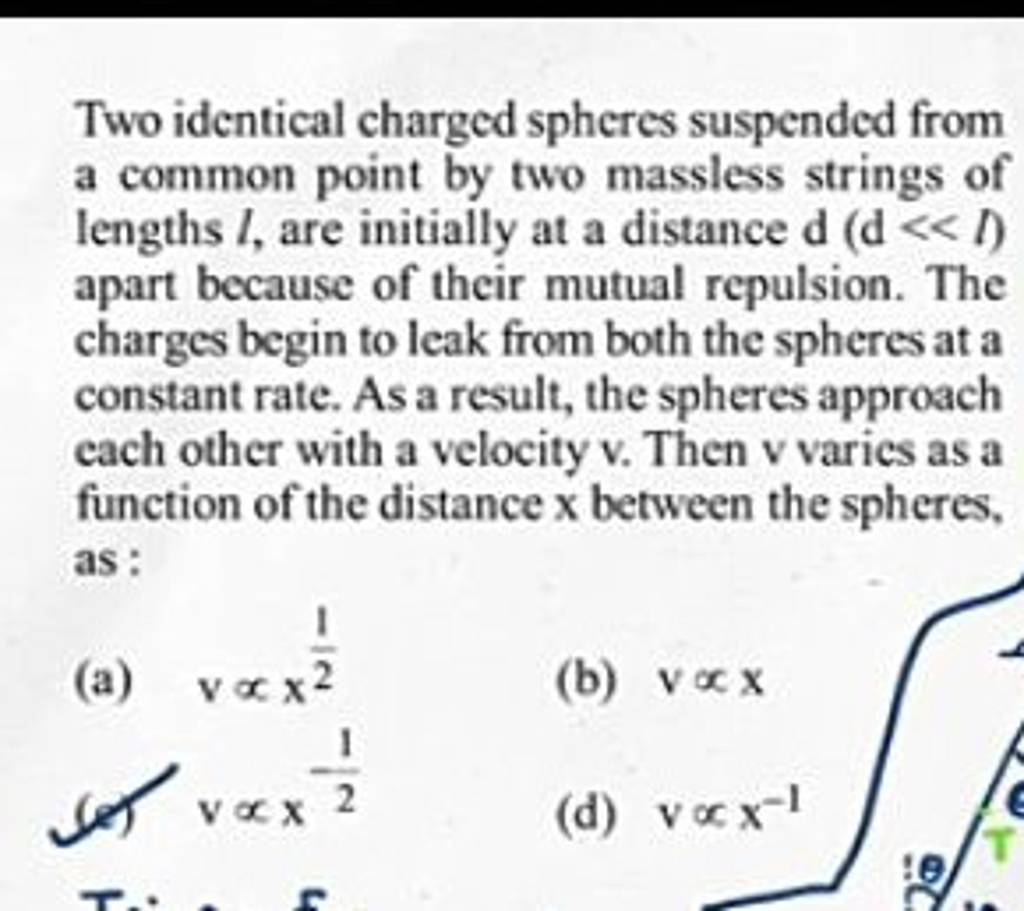 Two identical charged spheres suspended from a common point by two massle..