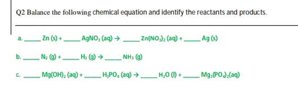 Q2 Balance the following chemical equation and identify the reactants and..