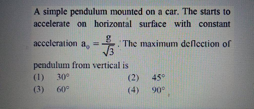 A simple pendulum mounted on a car. The starts to accelerate on horizonta..
