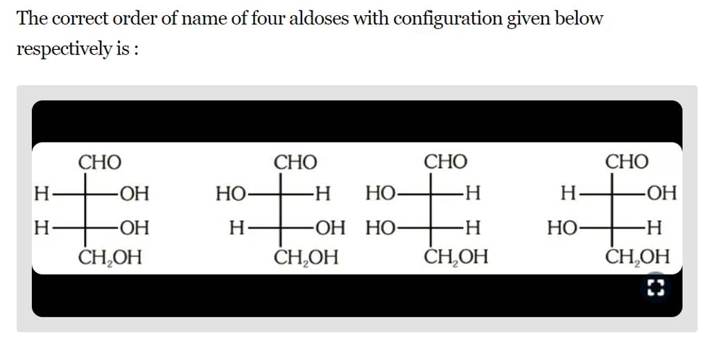 The correct order of name of four aldoses with configuration given below