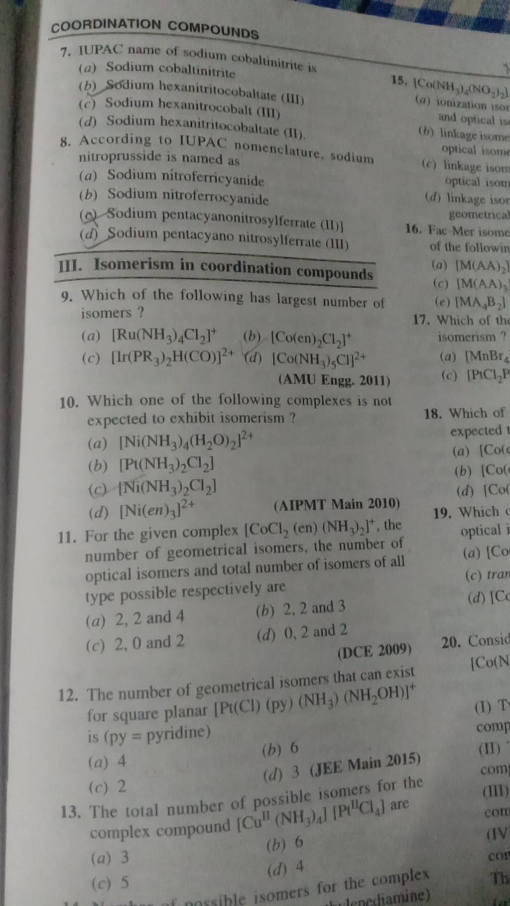 COORDINATION COMPOUNDS 7. IUPAC name of sodium cobaltinitrite is | Filo