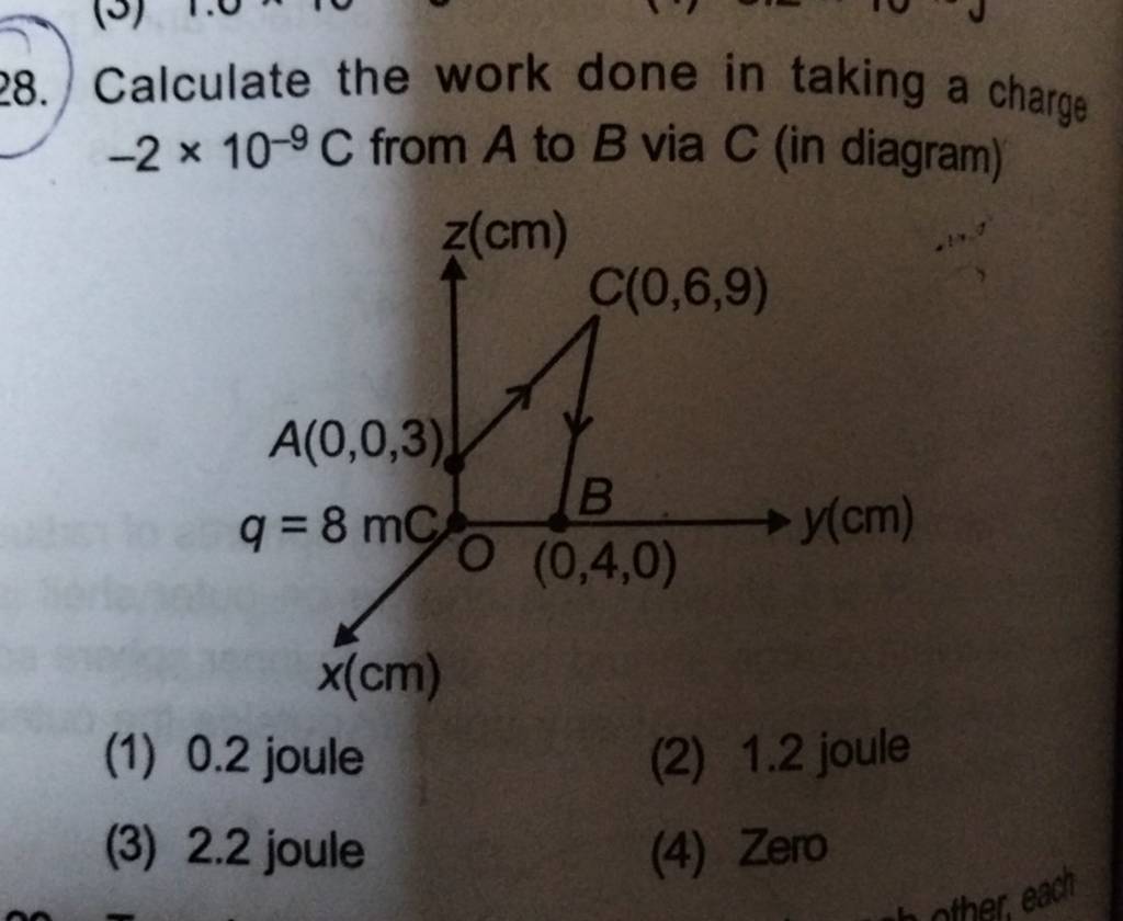 Calculate the work done in taking a charge −2×10−9C from A to B via C (in..