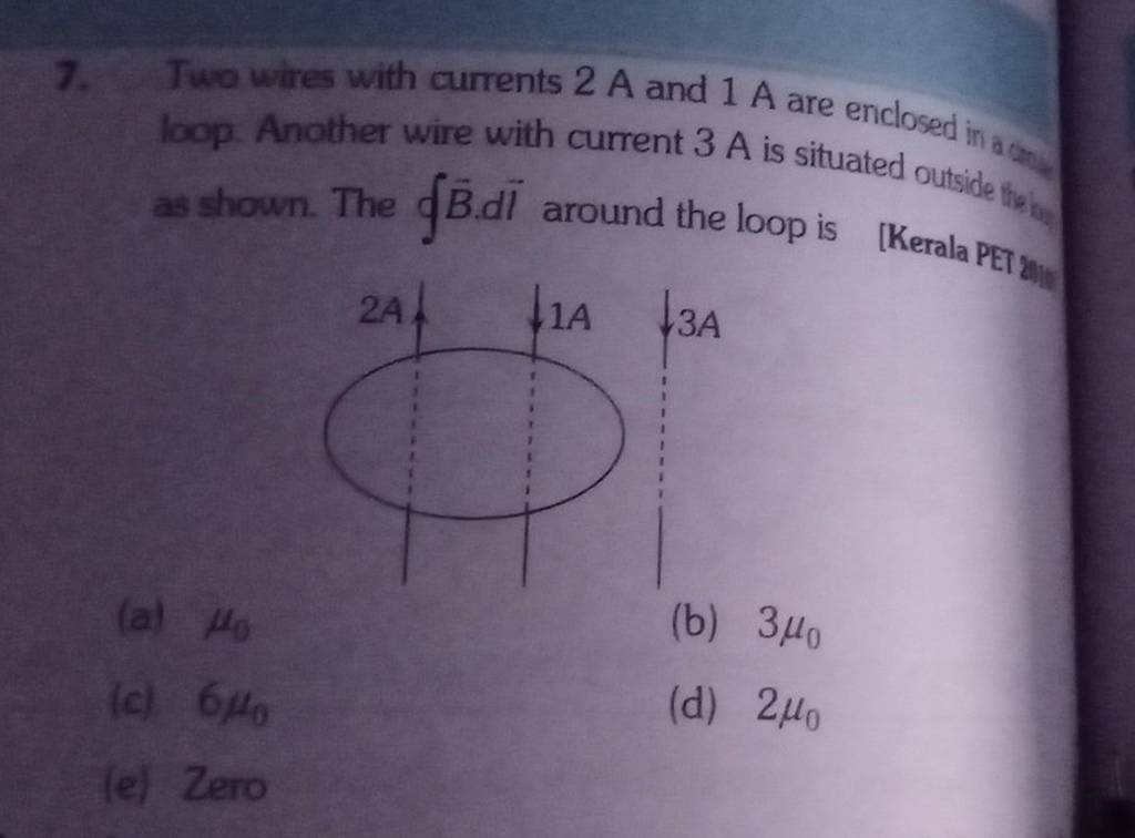 Two wires with currents 2 A and 1 A are enclosed in a ong loop. Another w..