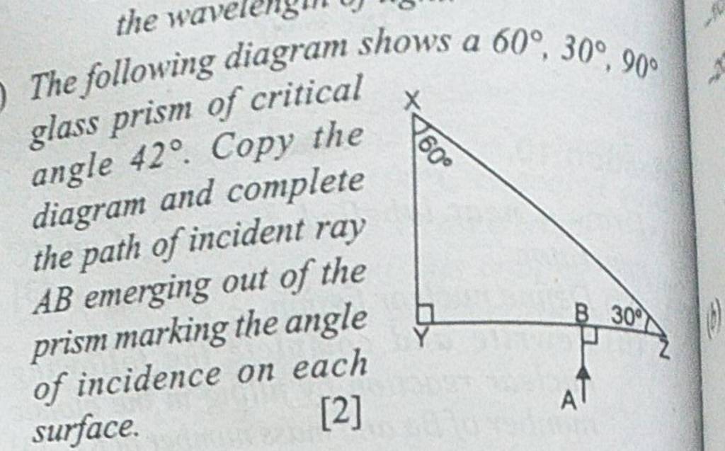 The following diagram shows a 60∘,30∘,90∘ glass prism of critical angle 4..