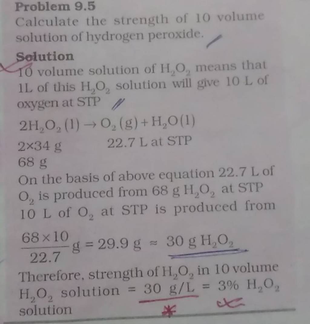 Calculate the strength of 10 volume solution of hydrogen peroxide. | Filo