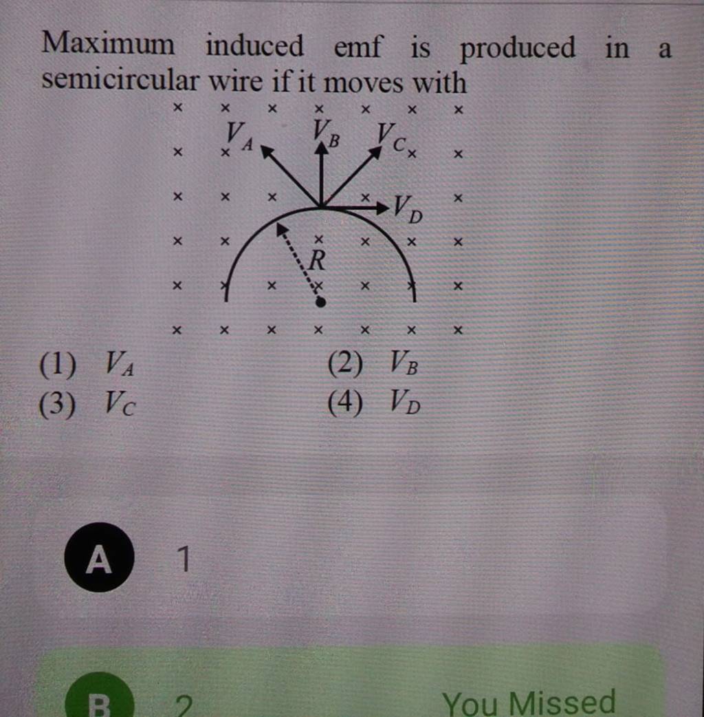 Maximum induced emf is produced in a semicircular wire if it moves with..