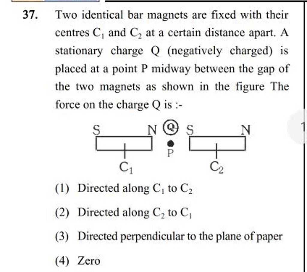 Two identical bar magnets are fixed with their centres C1 and C2 at a c..