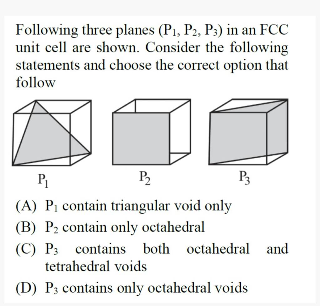 Following three planes (P1 ,P2 ,P3 ) in an FCC unit cell are shown. Consi..