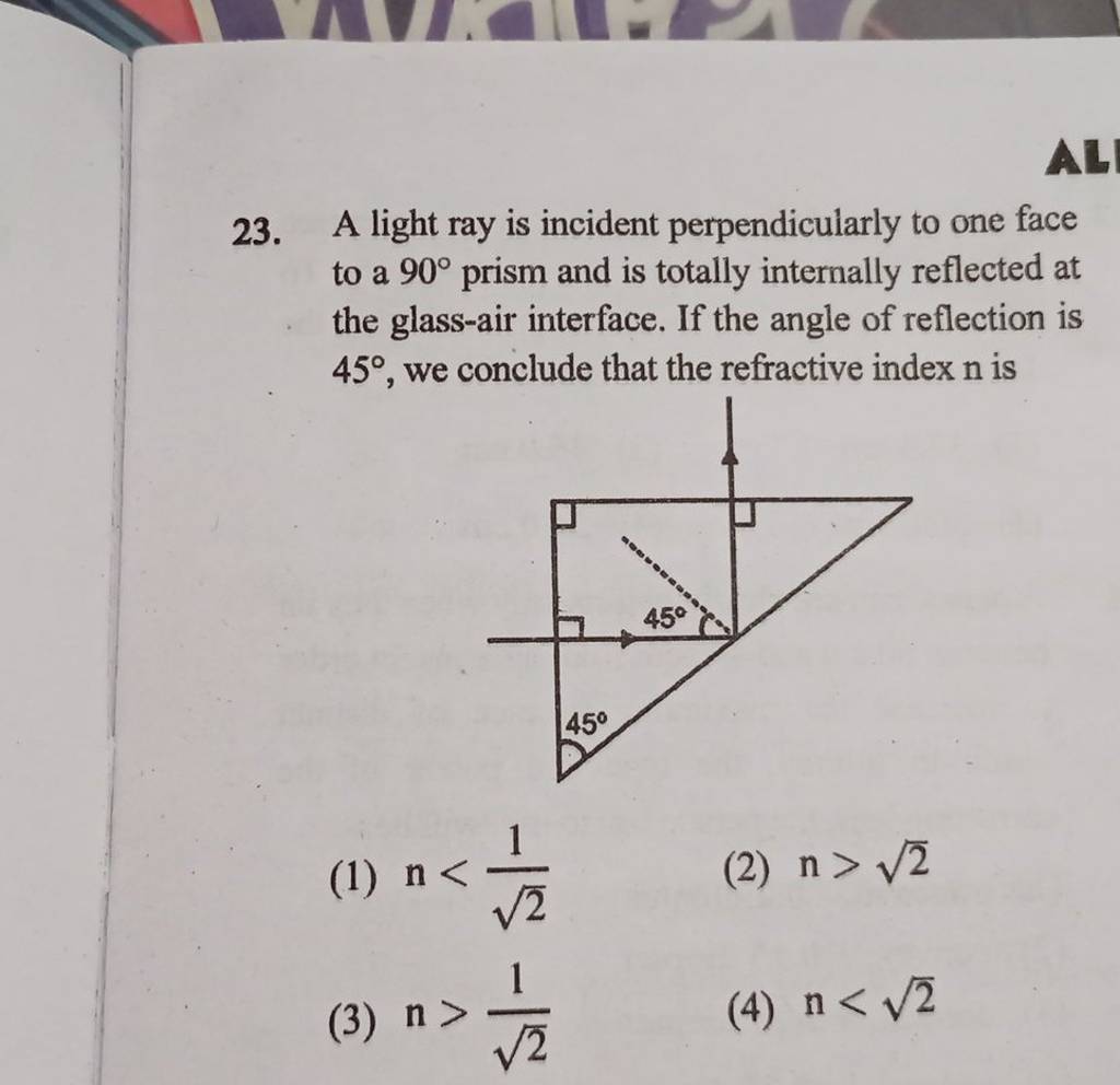 A light ray is incident perpendicularly to one face to a 90∘ prism and is..