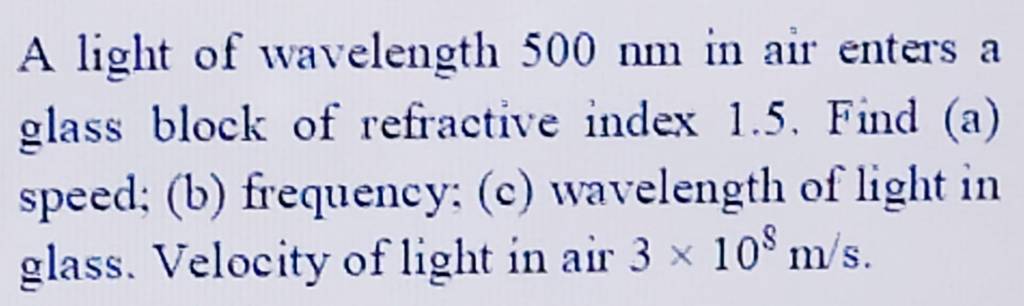 A light of wavelength 500 nm in air enters a glass block of refractive in..