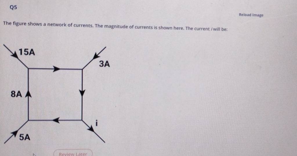 Q5 Reload Image The figure shows a network of currents. The magnitude of